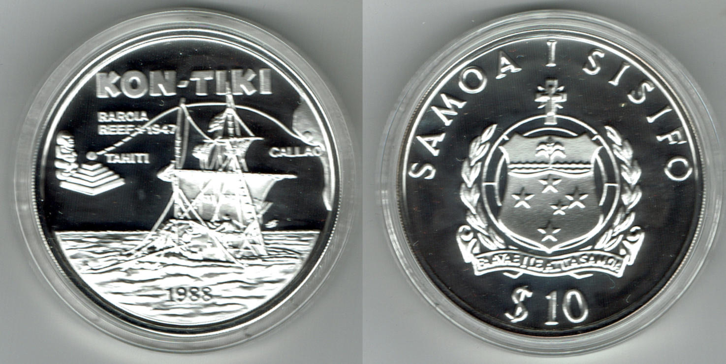 10 Dollars (10 Tala) 1988 samoa, silver coin, "Kontiki", like scan ...