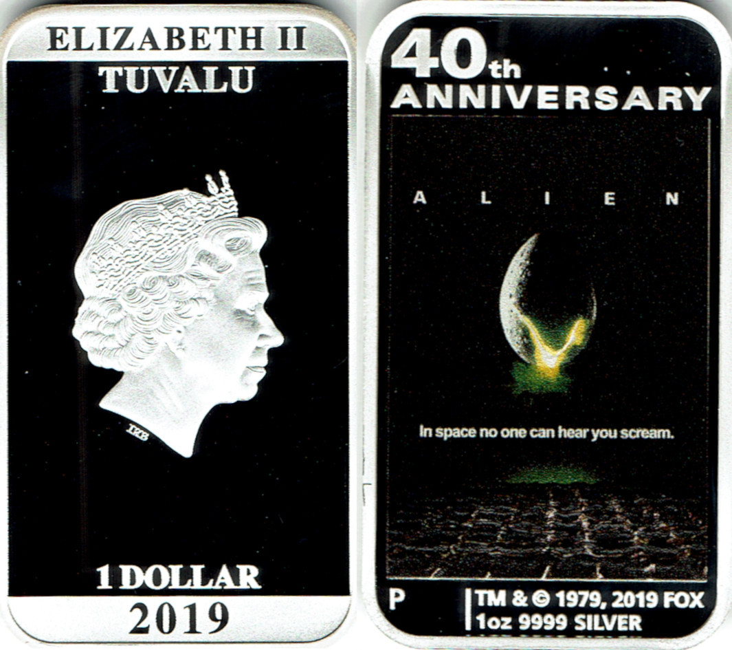 1 Dollar 2019 Tuvalu, 1 ounce silver proof rectangle coin, alien - 40th ...