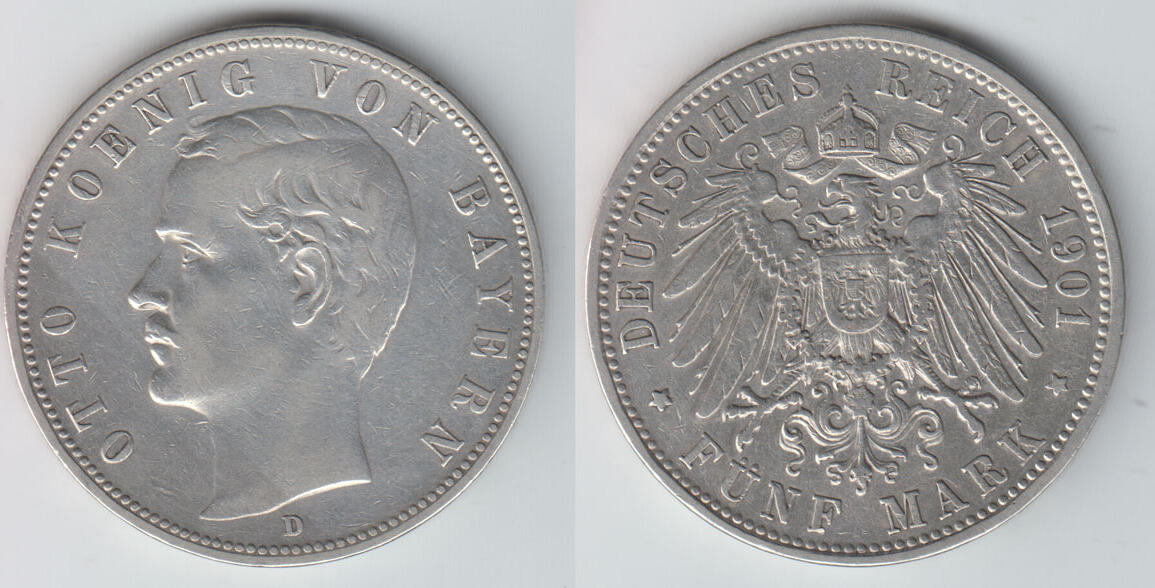 Kaiserreich - Bayern Deutsches Kaiserreich, Bayern, König Otto, 5 Mark 1907 D, Silber! VF | MA-Shops