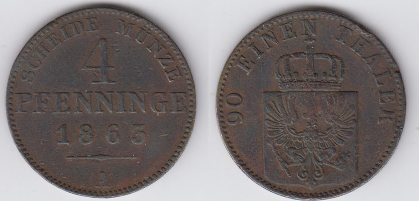 Preußen 4 Pfennig prussia, Wilhelm I., 4 Pfenning 1863 A, like scan VF ...