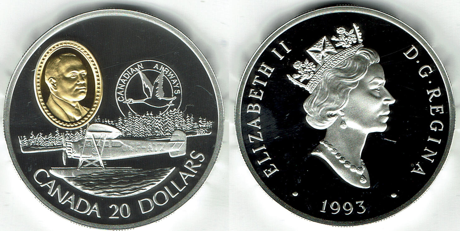 Kanada 20 Dollars 1993 Canada 20 $, silver coin + gold plated cameo ...