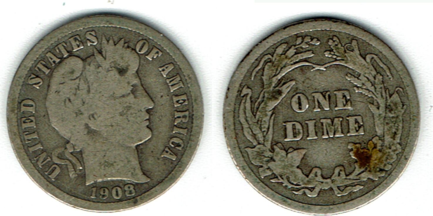 10 Cents (Dime) USA, silver barber dime 1908, like scan VF-EF | MA-Shops