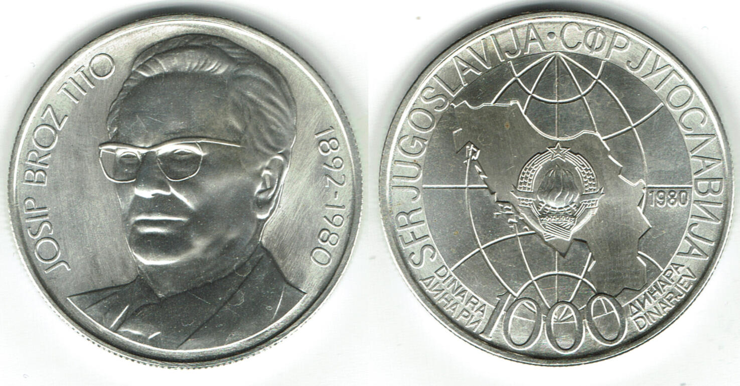 Jugoslawien 1980 Yugoslawia, silver coin 1000 dinara, Josip Broz Tito ...