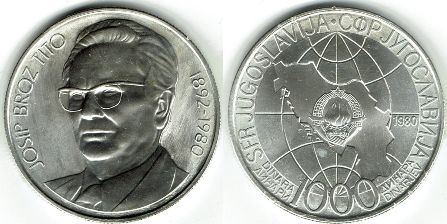 Jugoslawien 1980 Yugoslawia, silver coin 1000 dinara, Josip Broz Tito ...