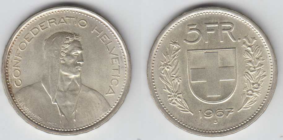 Schweiz Switzerland, silver coin, 5 Franken 1967 B, like scan UNC | MA-Shops