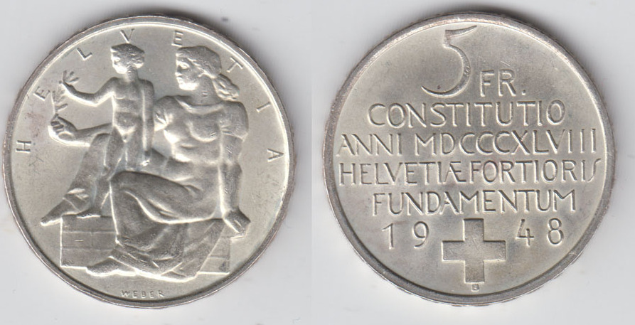 Schweiz Switzerland, silver coin, 5 Franken 1948, like scan UNC | MA-Shops