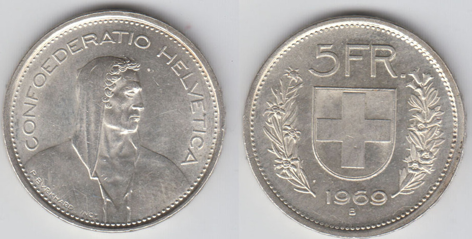 Schweiz Switzerland, silver coin, 5 Franken 1969, like scan EF | MA-Shops