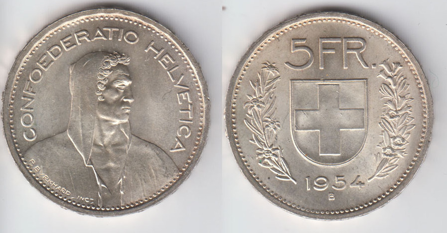 Schweiz Switzerland, silver coin, 5 Franken 1954 B, like scan UNC | MA-Shops