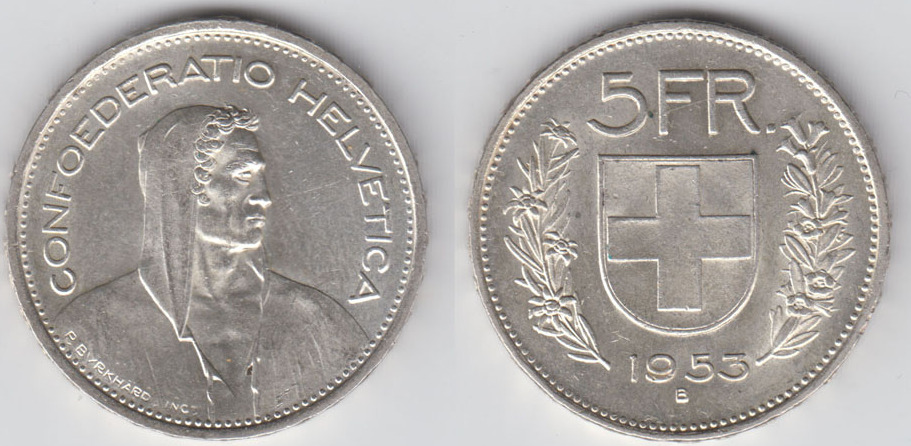 Schweiz Switzerland, silver coin, 5 Franken 1953 B, like scan aEF | MA-Shops