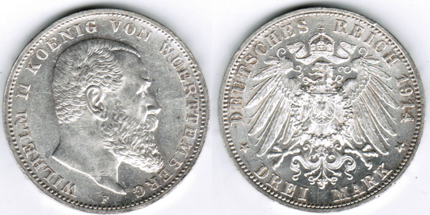 3 Mark Kaiserreich, Württemberg 1914 F, Wilhelm, siehe Scan aEF | MA-Shops