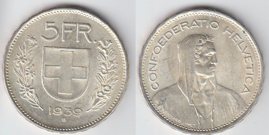 Schweiz Switzerland, silver coin, 5 Franken 1939 B, like scan AU | MA-Shops