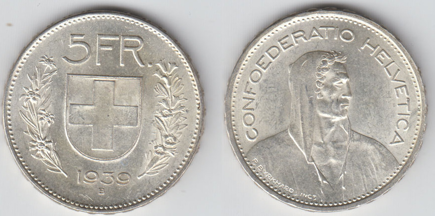 Schweiz Switzerland, silver coin, 5 Franken 1939 B, like scan AU | MA-Shops