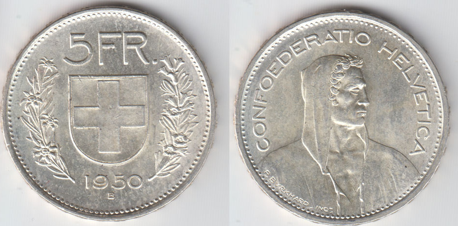 Schweiz Switzerland, silver coin, 5 Franken 1950 B, like scan AU | MA-Shops