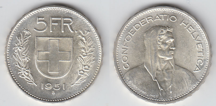 Schweiz Switzerland, silver coin, 5 Franken 1951 B, like scan AU | MA-Shops