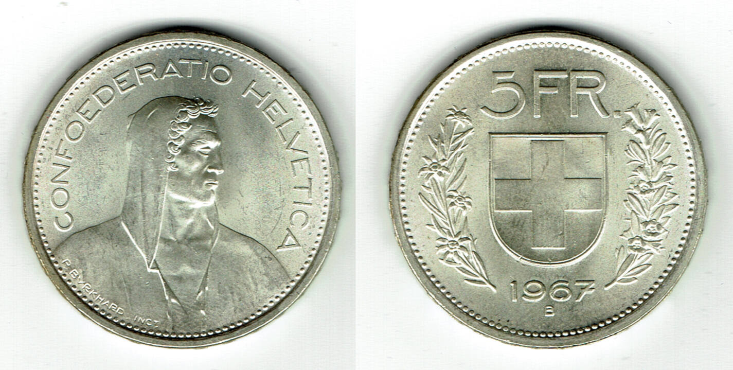 Schweiz Switzerland, silver coin, 5 Franken 1967 B, like scan UNC | MA-Shops