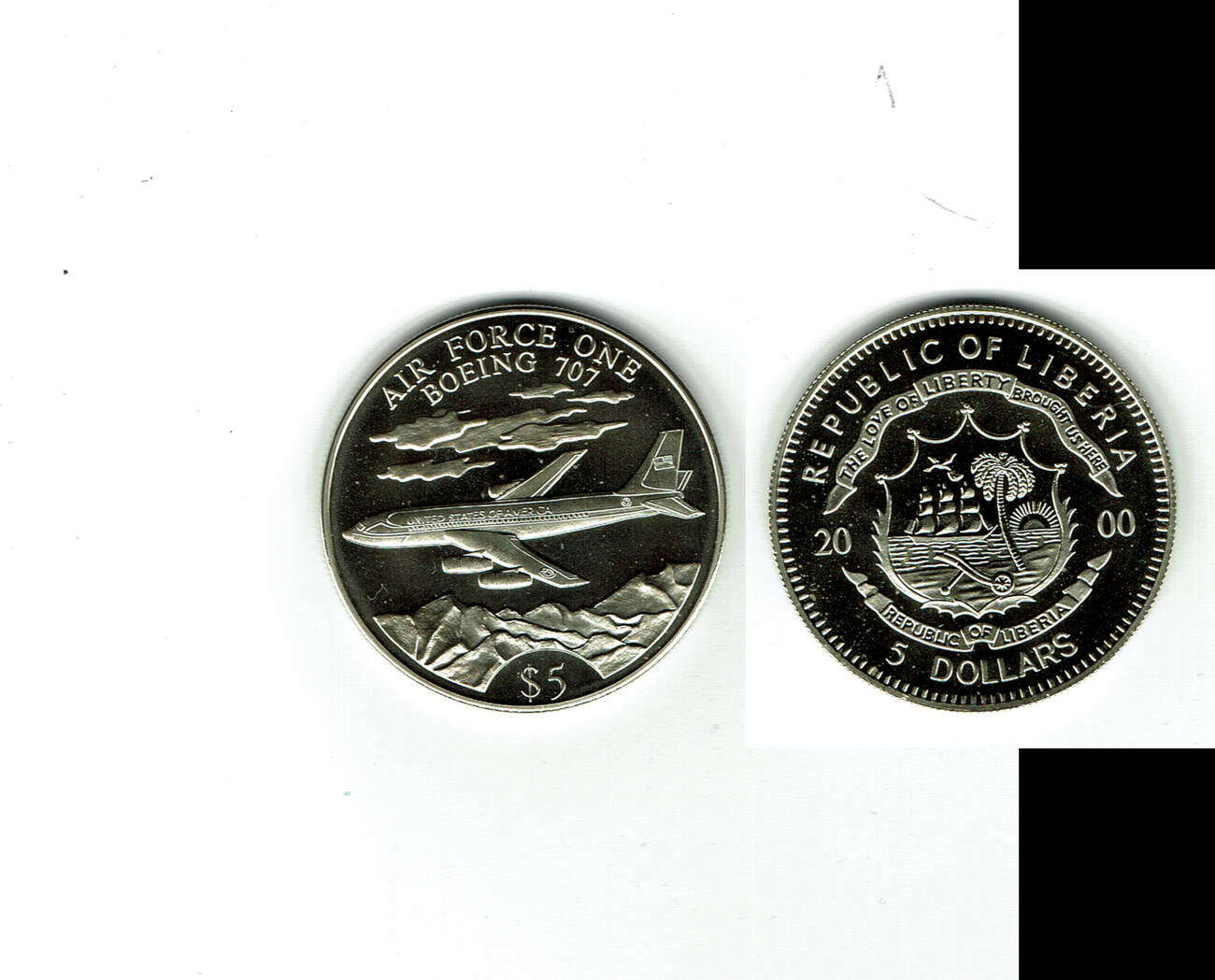 5 Dollars 2000 liberia commemorative coin "Air Force 1 - Boeing 707 ...