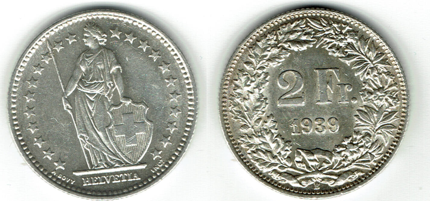 Schweiz Switzerland, silver coin, 2 Franken 1939, like scan EF | MA-Shops