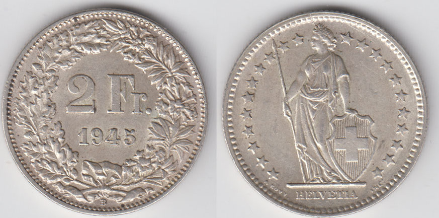 Schweiz Switzerland, silver coin, 2 Franken 1945, like scan VF-EF | MA-Shops