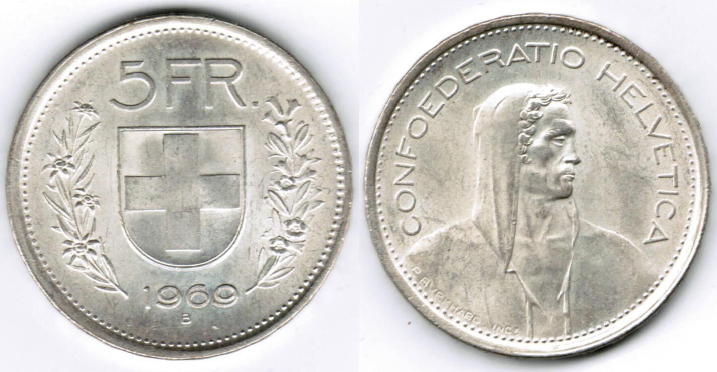 Schweiz Switzerland, silver coin, 5 Franken 1969 B, like scan AU | MA-Shops