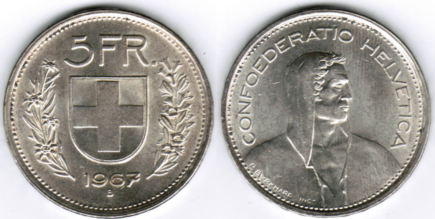 Schweiz Switzerland, silver coin, 5 Franken 1967 B, like scan AU | MA-Shops