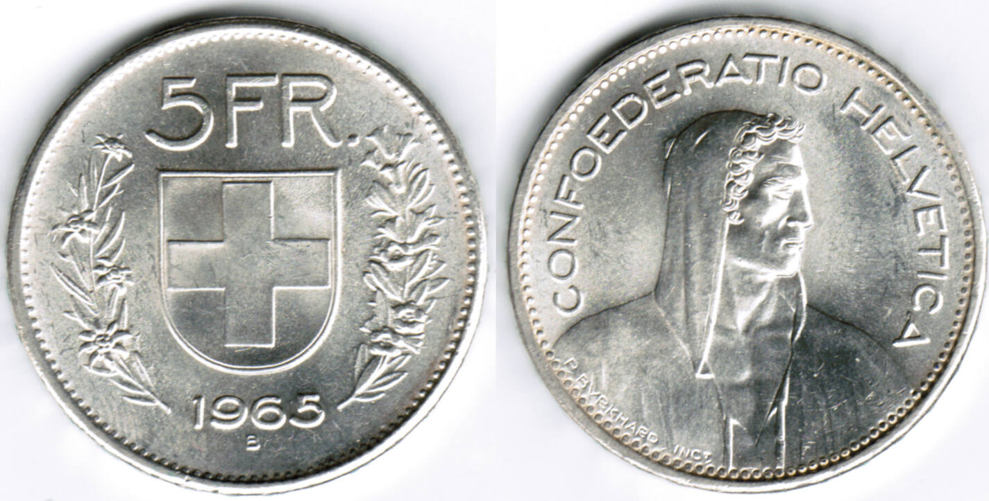 Schweiz Switzerland, silver coin, 5 Franken 1965 B, like scan UNC | MA-Shops