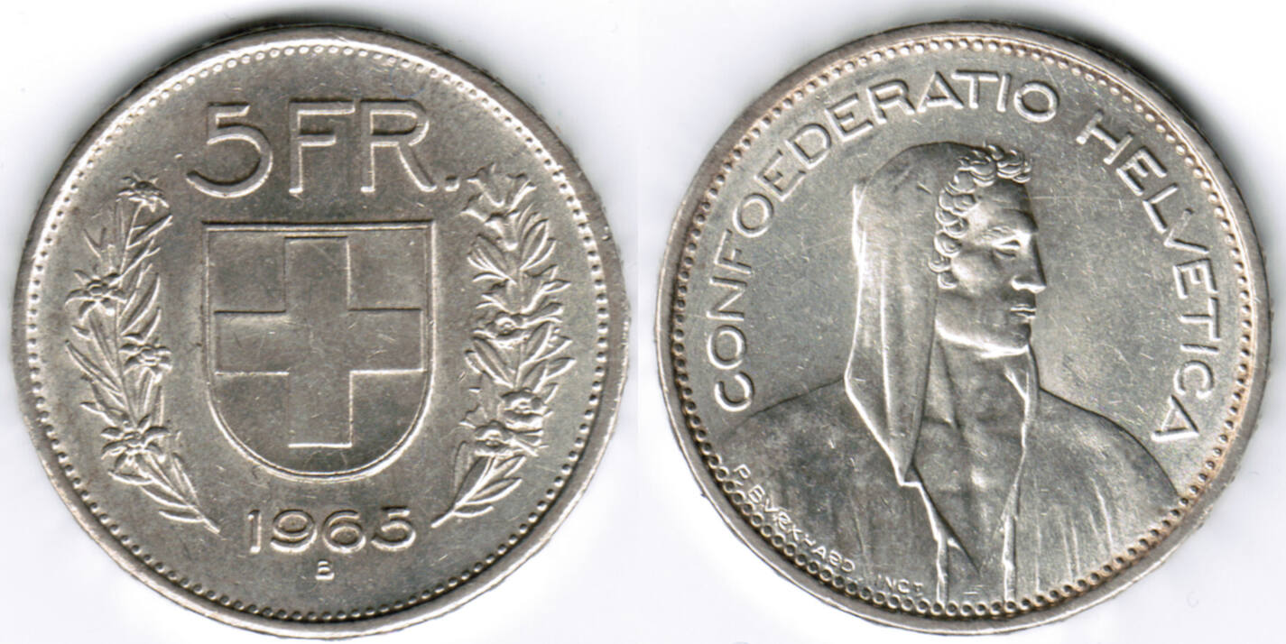 Schweiz Switzerland, silver coin, 5 Franken 1965 B, like scan AU | MA-Shops