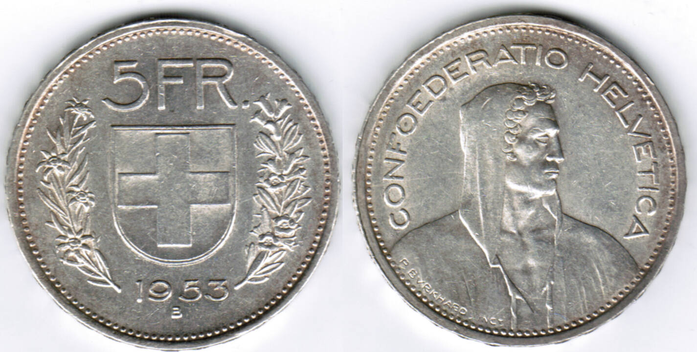 Schweiz Switzerland, silver coin, 5 Franken 1953 B, like scan VF | MA-Shops