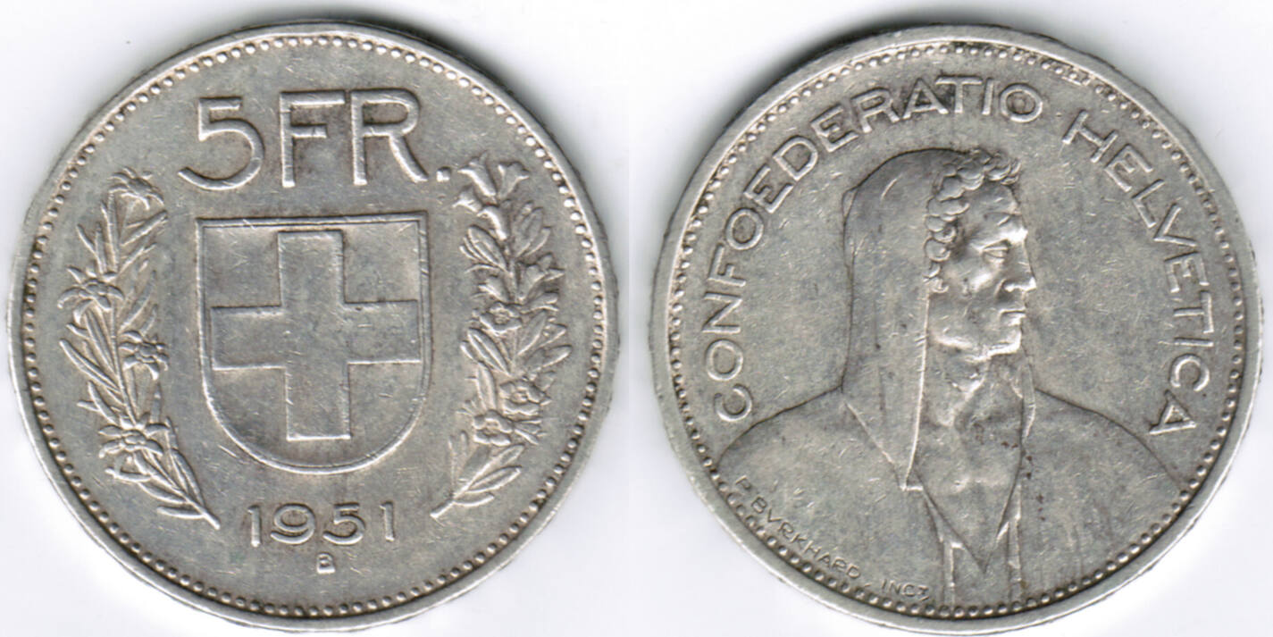 Schweiz Switzerland, silver coin, 5 Franken 1951 B, like scan VF | MA-Shops
