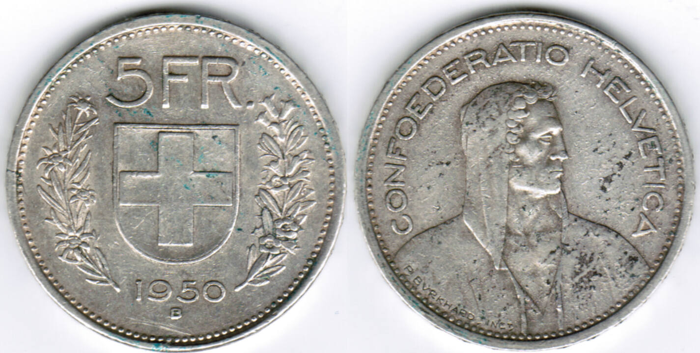 Schweiz Switzerland, silver coin, 5 Franken 1950 B, like scan VF | MA-Shops