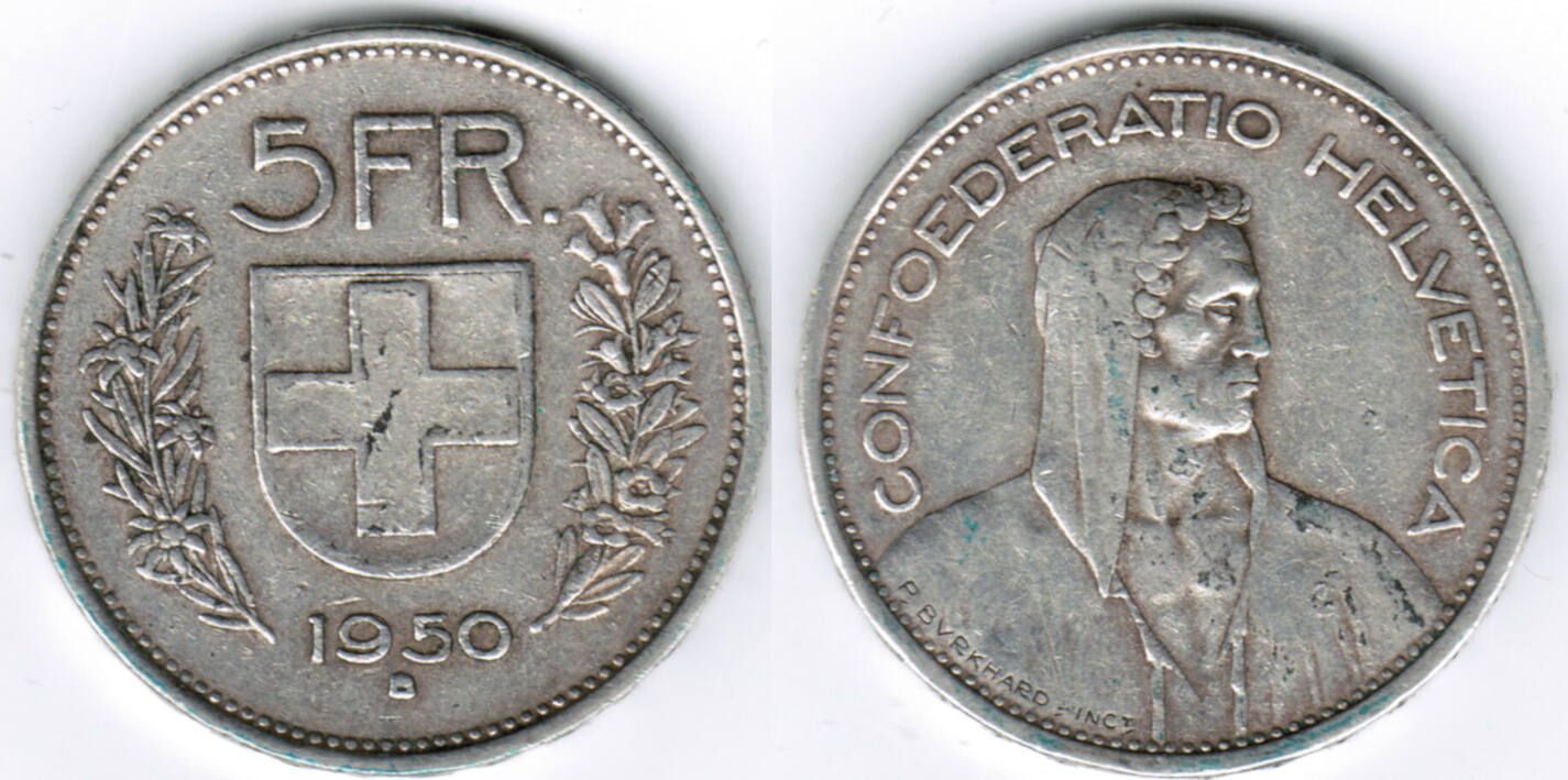 Schweiz Switzerland, silver coin, 5 Franken 1950 B, like scan VF | MA-Shops