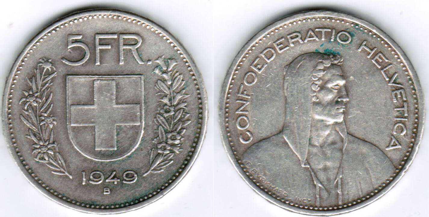 Schweiz Switzerland, silver coin, 5 Franken 1949 B, like scan VF | MA-Shops