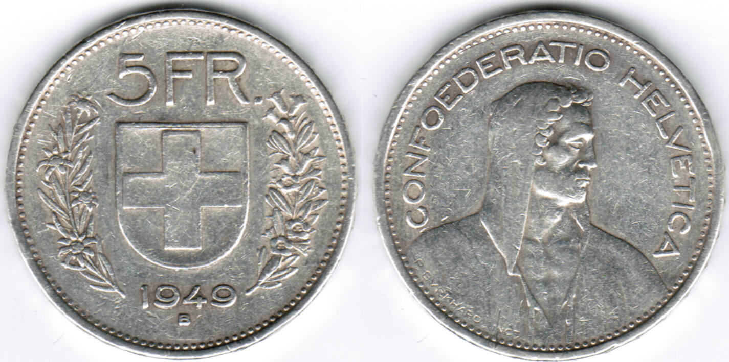 Schweiz Switzerland, silver coin, 5 Franken 1949 B, like scan VF | MA-Shops