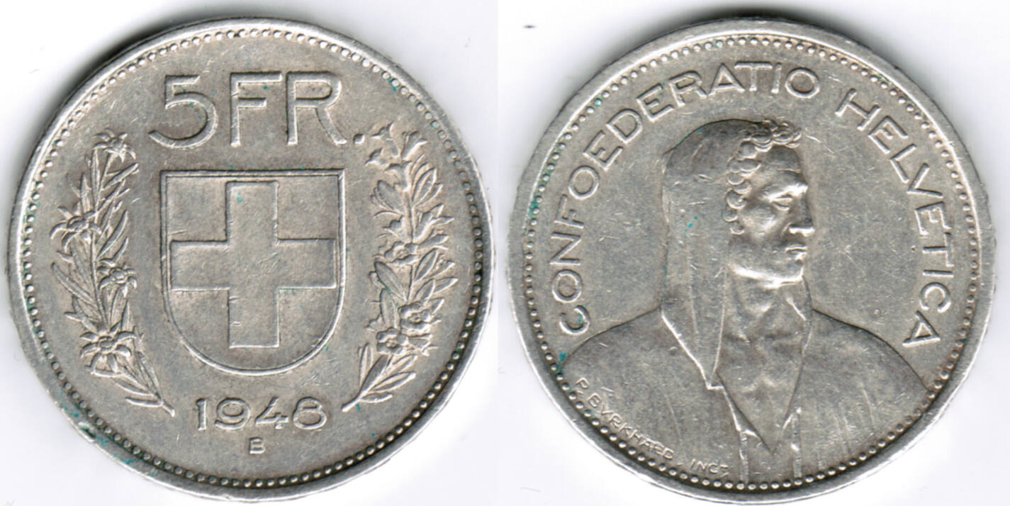 Schweiz Switzerland, silver coin, 5 Franken 1948 B, like scan VF | MA-Shops
