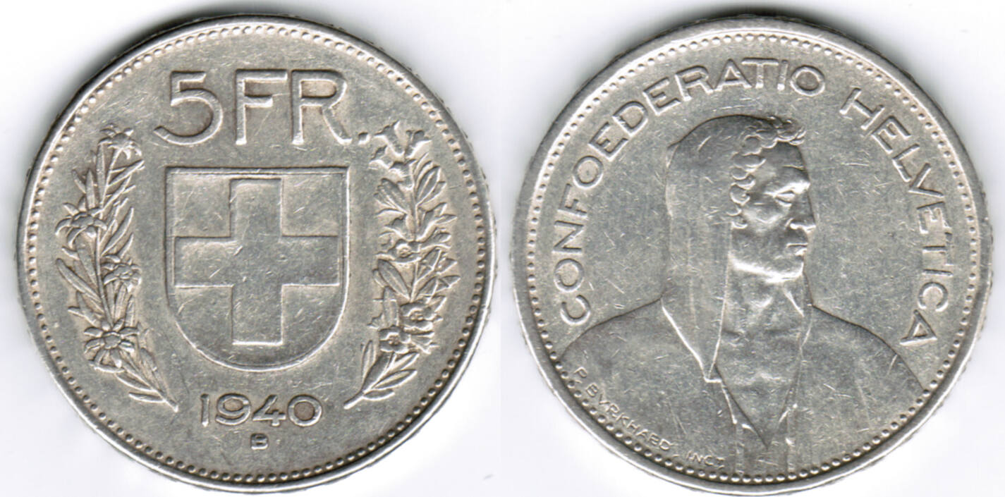 Schweiz Switzerland, silver coin, 5 Franken 1940 B, like scan VF | MA-Shops