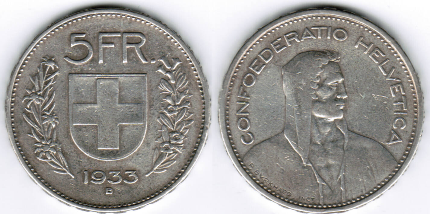 Schweiz Switzerland, silver coin, 5 Franken 1933 B, like scan VF | MA-Shops