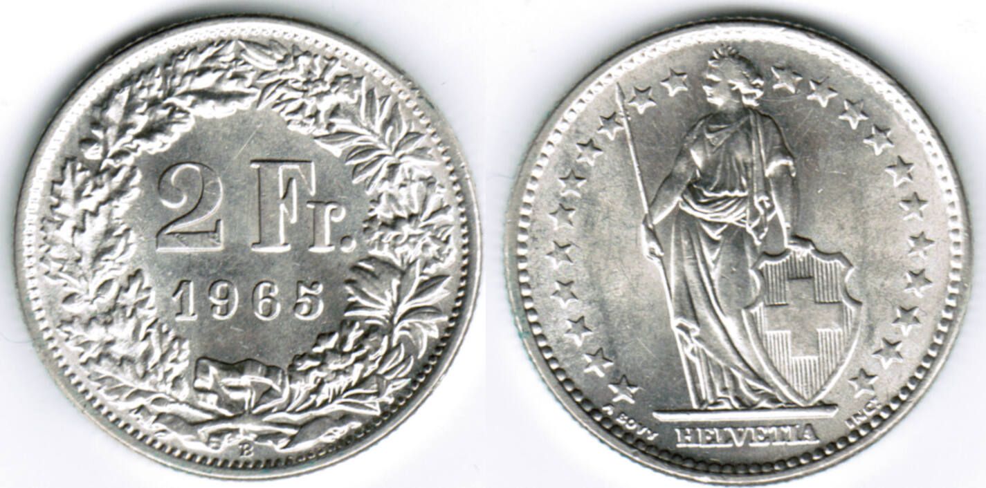 Schweiz Switzerland, silver coin, 2 Franken 1965, like scan UNC | MA-Shops