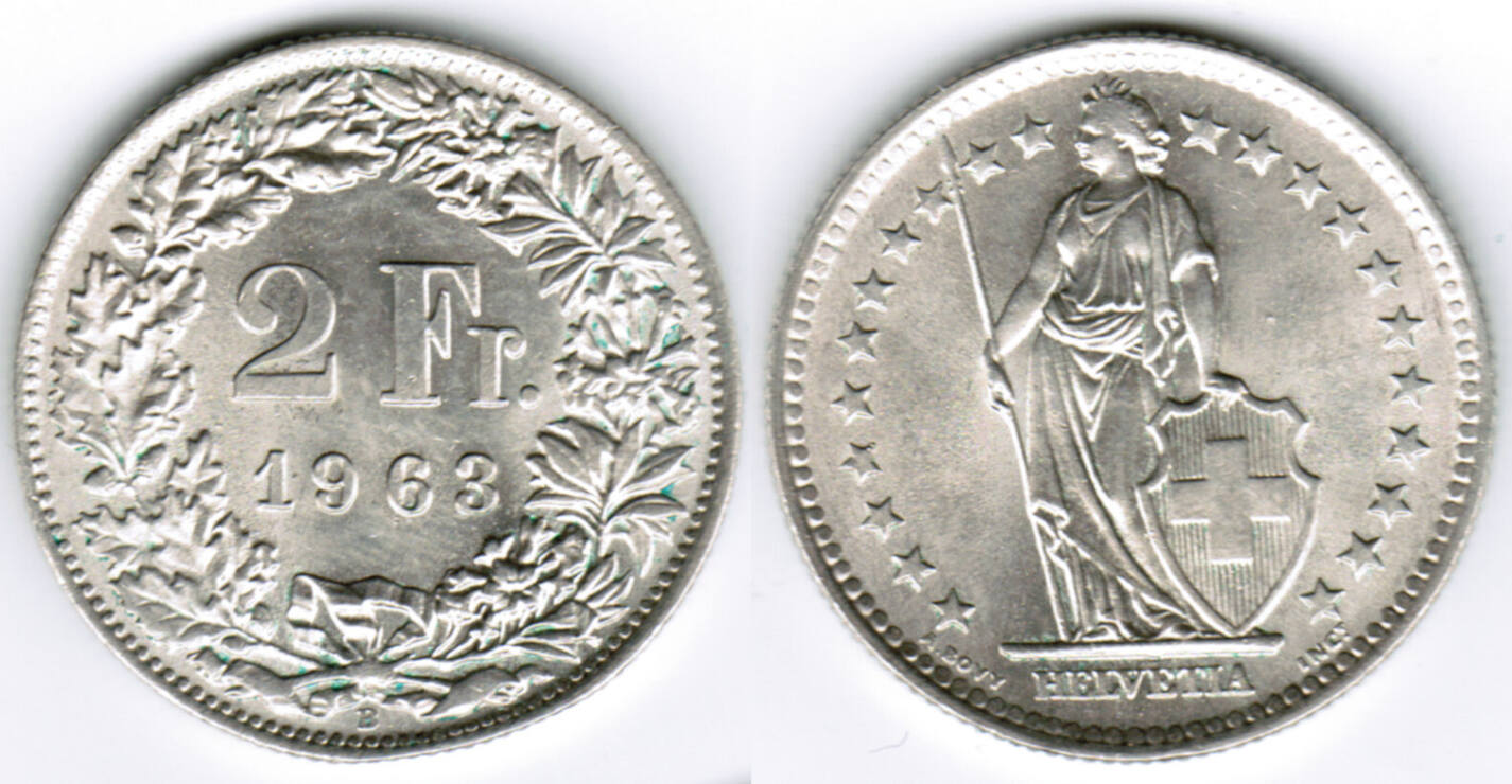 Schweiz Switzerland, silver coin, 2 Franken 1963, like scan UNC | MA-Shops