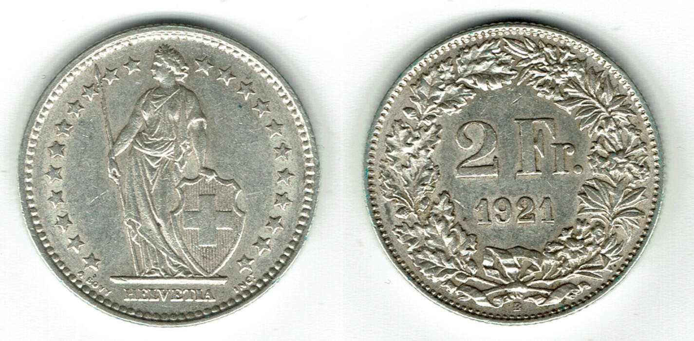 Schweiz Switzerland, silver coin, 2 Franken 1921, like scan VF+ | MA-Shops