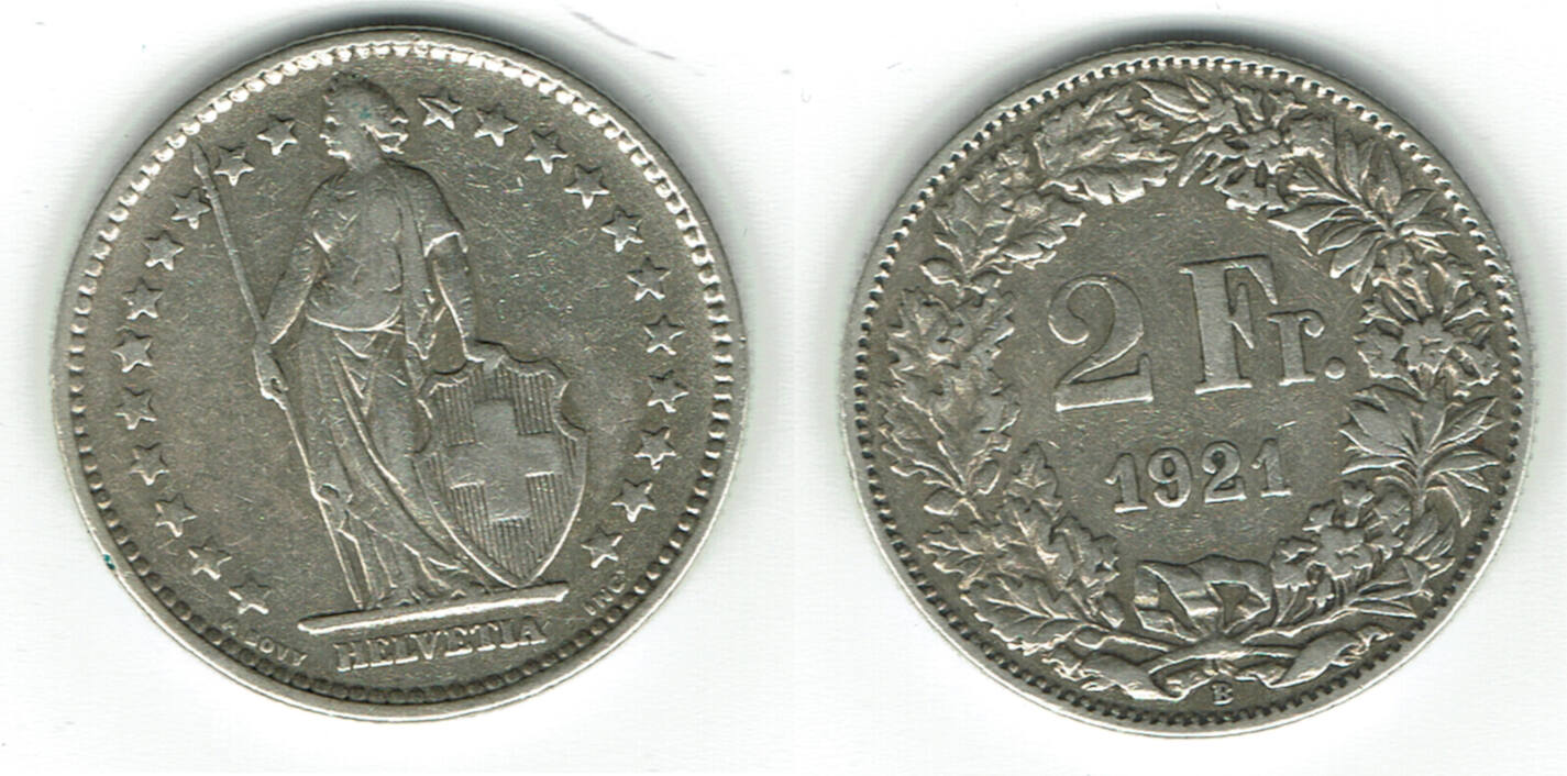 Schweiz Switzerland, silver coin, 2 Franken 1921, like scan VF | MA-Shops