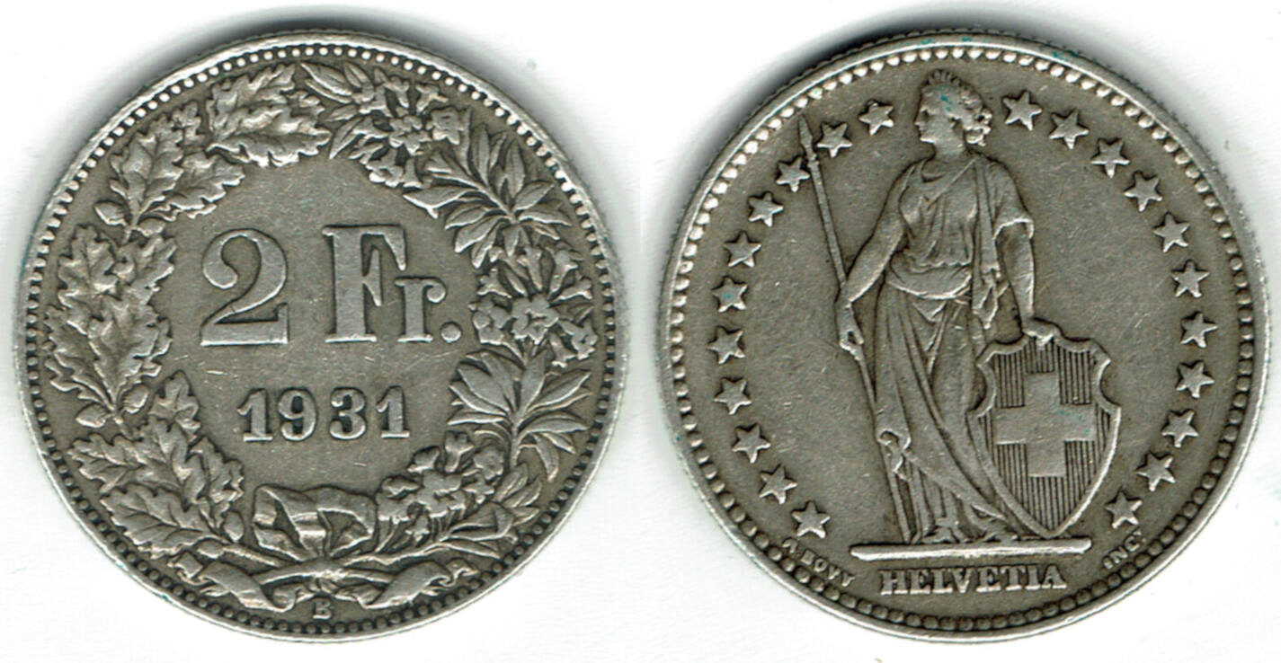 Schweiz Switzerland, silver coin, 2 Franken 1931, like scan VF | MA-Shops