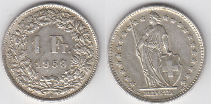 Schweiz 1959 Switzerland, silver coin, 1 Franken, like scan EF | MA-Shops