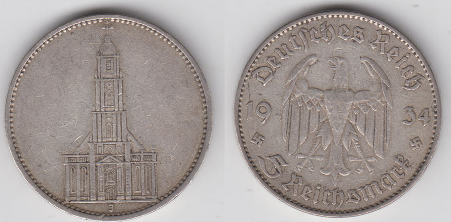 1934 J Drittes Reich, 5 Reichsmark Garnisonskirche ohne Datum, 13,89 g ...