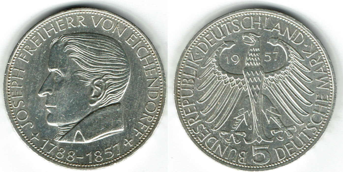 BRD Deustchland, 5 DM 1957 J, Joseph Freiherr von Eichendorff ...