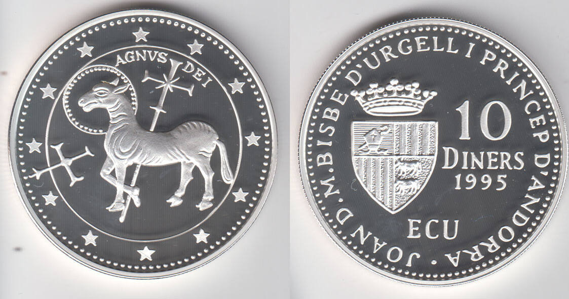 10 Dinar (10 Diners) 1995 andorra silver coin, 10 diners "Agnus Dei ...