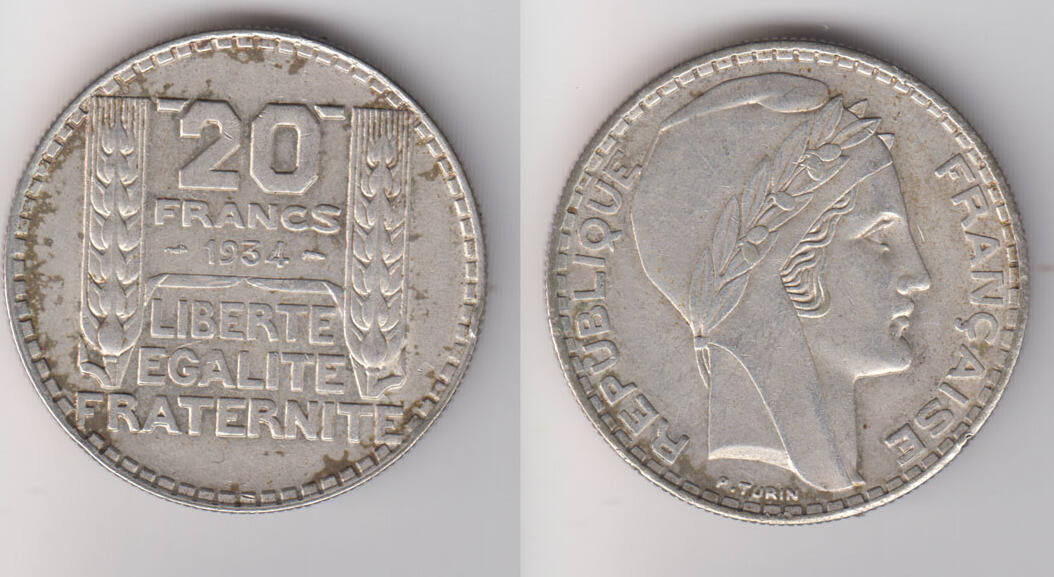 Frankreich 20 Francs 1934 F france, 20 franc silver 1934, like scan VF+ ...