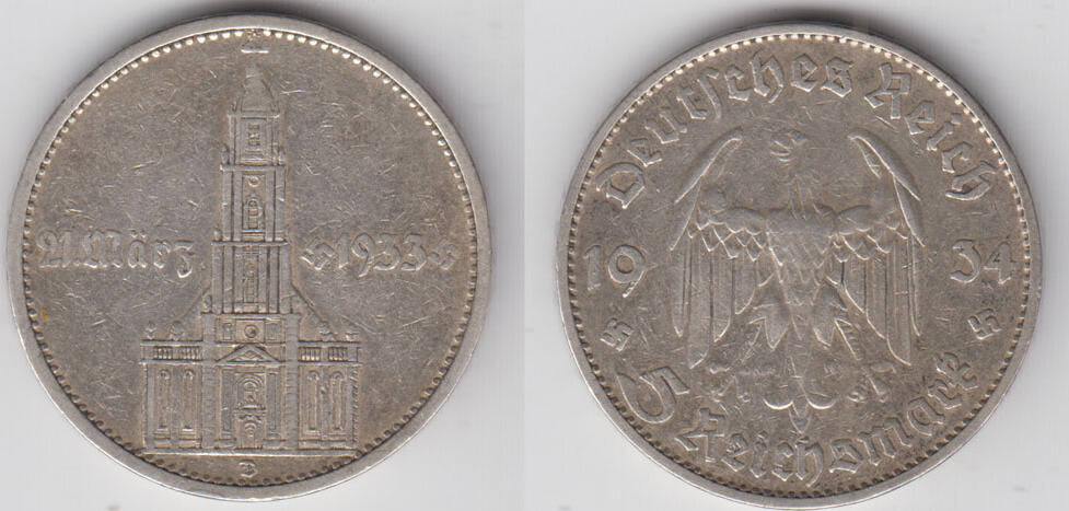 1934 D Drittes Reich, 5 Reichsmark Garnisonskirche mit Datum 21. März ...
