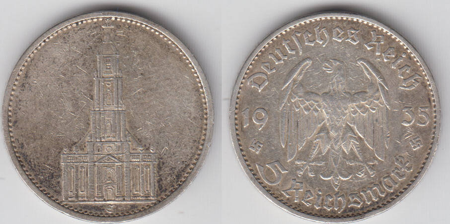 1935 E Drittes Reich, 5 Reichsmark Garnisonskirche ohne Datum, 13,89 g ...