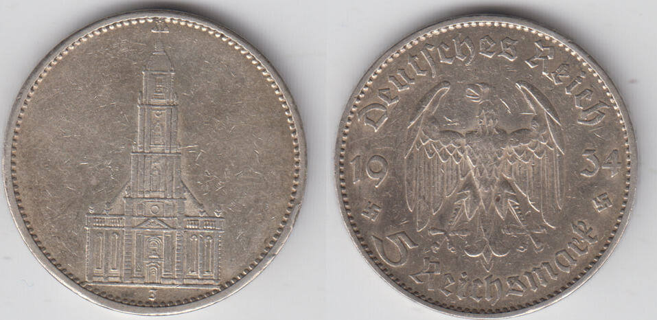 1934 J Drittes Reich, 5 Reichsmark Garnisonskirche ohne Datum, 13,89 g ...
