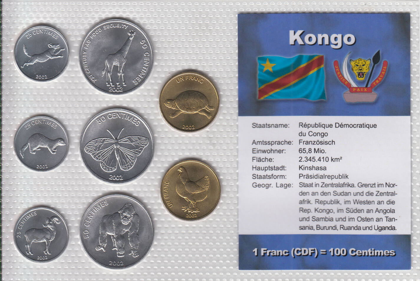 Republik Kongo 4,25 Francs (8 Münzen) congo Coinset 2002, like scan BU ...