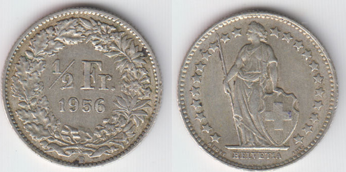 Schweiz Switzerland, silver coin, 1/2 Franken 1956, like scan VF-EF | MA-Shops